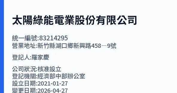 太陽綠能電業股份有限公司的照片-統編 83214295(新竹縣) 公司登記資料與營業項目詳細圖表