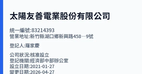太陽友善電業股份有限公司的照片-統編 83214393(新竹縣) 公司登記資料與營業項目詳細圖表