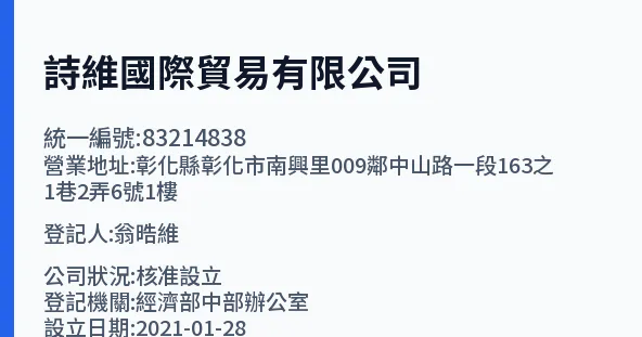 詩維國際貿易有限公司的照片-統編 83214838(彰化縣) 公司登記資料與營業項目詳細圖表