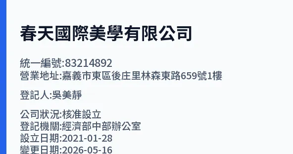 春天國際美學有限公司的照片-統編 83214892(嘉義市) 公司登記資料與營業項目詳細圖表