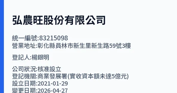 弘農旺股份有限公司的照片-統編 83215098(彰化縣) 公司登記資料與營業項目詳細圖表