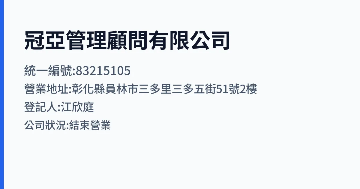 冠亞管理顧問有限公司 - 統編 83215105(彰化縣) 公司登記資料與營業項目詳細圖表