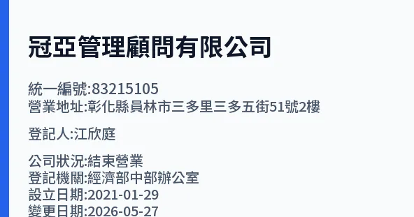 冠亞管理顧問有限公司的照片-統編 83215105(彰化縣) 公司登記資料與營業項目詳細圖表