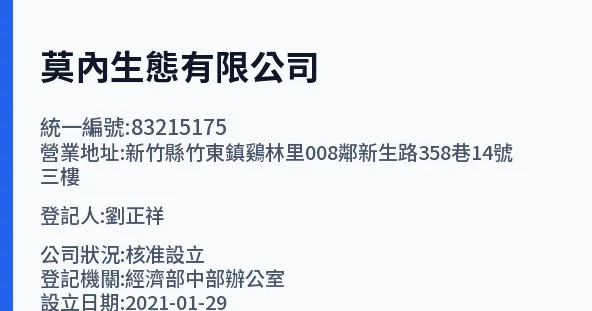 莫內生態有限公司的照片-統編 83215175(新竹縣) 公司登記資料與營業項目詳細圖表