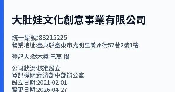 大肚娃文化創意事業有限公司的照片-統編 83215225(臺東縣) 公司登記資料與營業項目詳細圖表