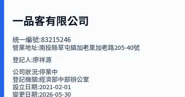 一品客有限公司的照片-統編 83215246(南投縣) 公司登記資料與營業項目詳細圖表