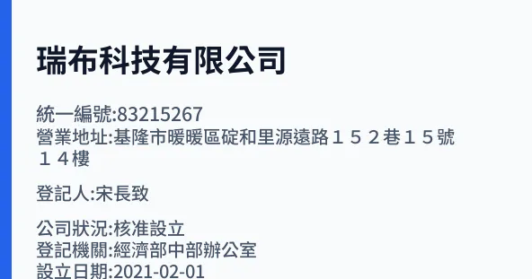 瑞布科技有限公司的照片-統編 83215267(基隆市) 公司登記資料與營業項目詳細圖表
