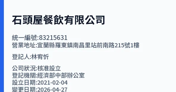 石頭屋餐飲有限公司的照片-統編 83215631(宜蘭縣) 公司登記資料與營業項目詳細圖表