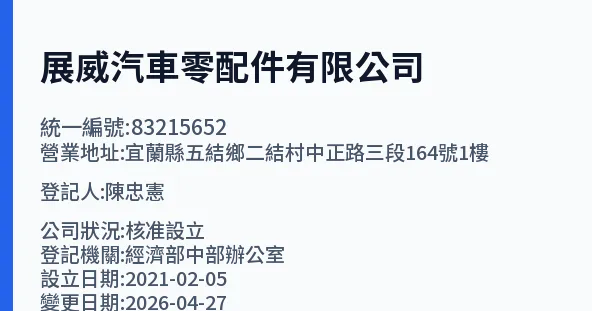 展威汽車零配件有限公司的照片-統編 83215652(宜蘭縣) 公司登記資料與營業項目詳細圖表