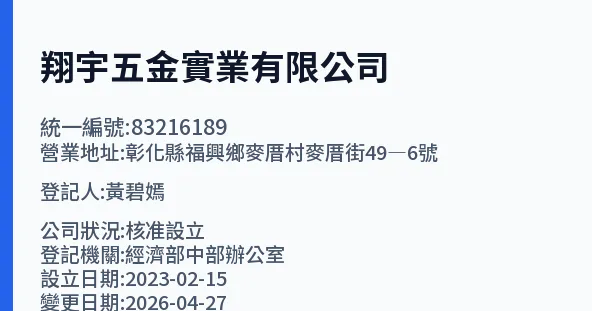 翔宇五金實業有限公司的照片-統編 83216189(彰化縣) 公司登記資料與營業項目詳細圖表