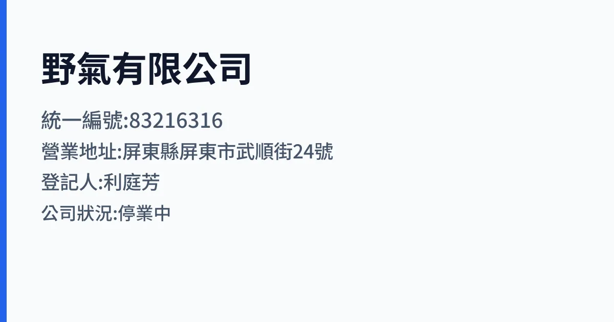 野氣有限公司 - 統編 83216316(屏東縣) 公司登記資料與營業項目詳細圖表