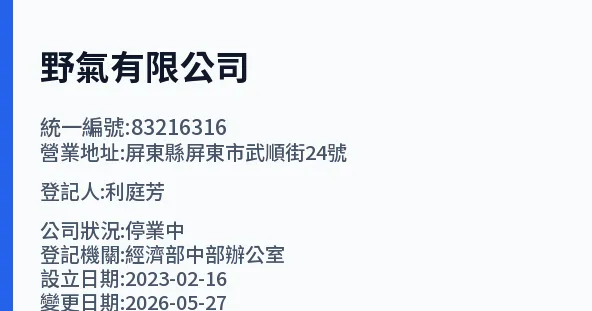 野氣有限公司的照片-統編 83216316(屏東縣) 公司登記資料與營業項目詳細圖表