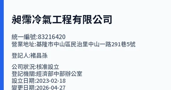 昶霈冷氣工程有限公司的照片-統編 83216420(基隆市) 公司登記資料與營業項目詳細圖表