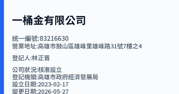 一桶金有限公司的照片-統編 83216630(高雄市) 公司登記資料與營業項目詳細圖表