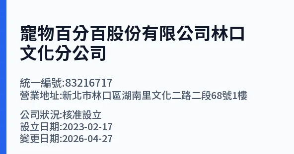 寵物百分百股份有限公司林口文化分公司的照片-統編 83216717(新北市) 公司登記資料與營業項目詳細圖表