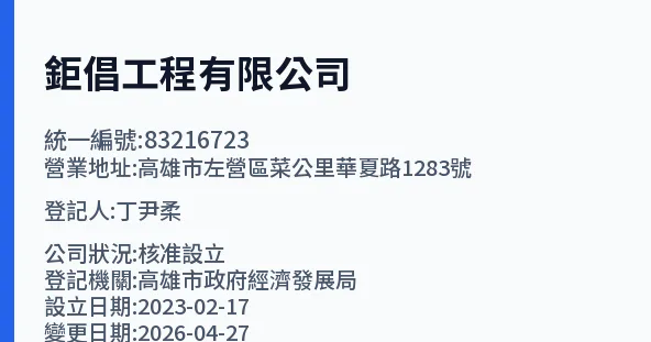 鉅倡工程有限公司的照片-統編 83216723(高雄市) 公司登記資料與營業項目詳細圖表