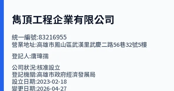雋頂工程企業有限公司的照片-統編 83216955(高雄市) 公司登記資料與營業項目詳細圖表