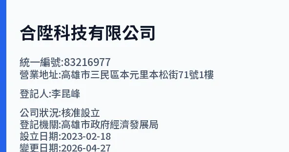 合陞科技有限公司的照片-統編 83216977(高雄市) 公司登記資料與營業項目詳細圖表