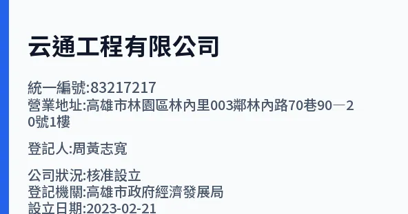 云通工程有限公司的照片-統編 83217217(高雄市) 公司登記資料與營業項目詳細圖表