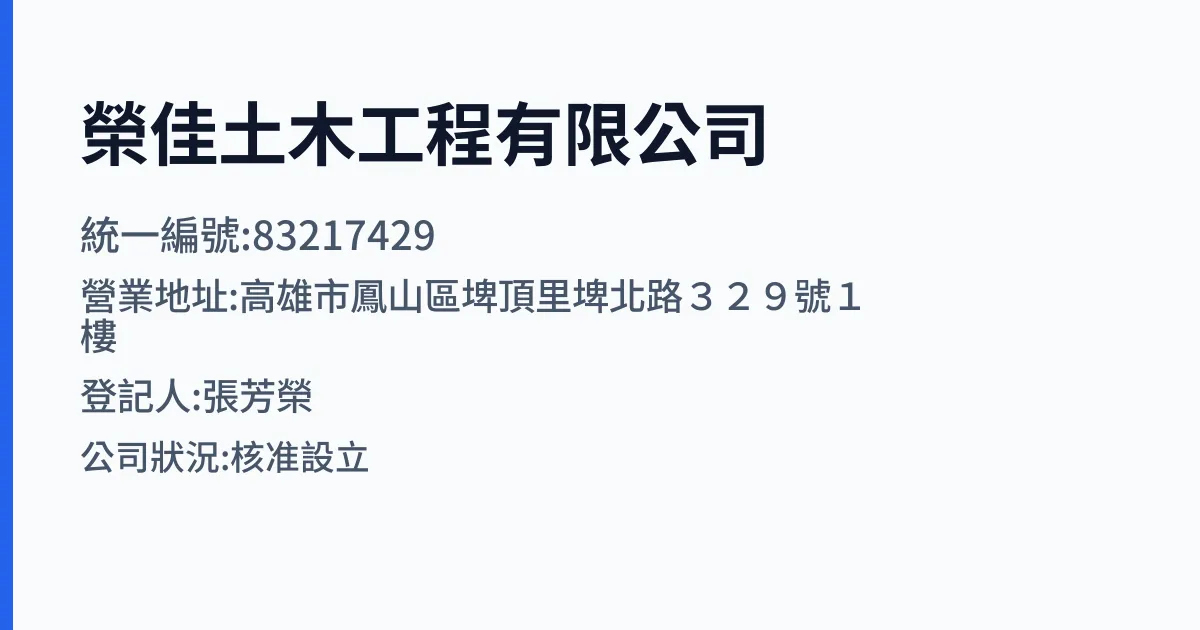榮佳土木工程有限公司 - 統編 83217429（高雄市） 公司登記資料與營業項目詳細圖表