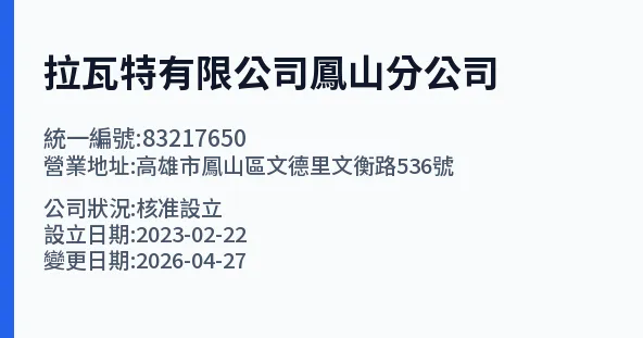 拉瓦特有限公司鳳山分公司的照片-統編 83217650(高雄市) 公司登記資料與營業項目詳細圖表