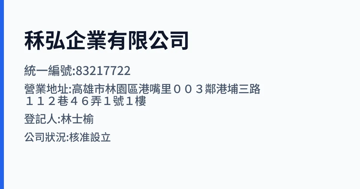 秝弘企業有限公司 - 統編 83217722(高雄市) 公司登記資料與營業項目詳細圖表