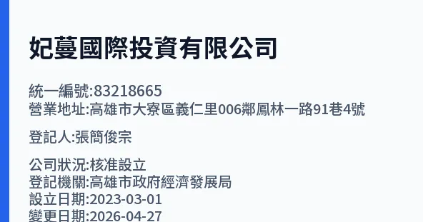 妃蔓國際投資有限公司的照片-統編 83218665(高雄市) 公司登記資料與營業項目詳細圖表