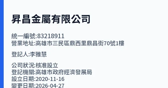 昇昌金屬有限公司的照片-統編 83218911(高雄市) 公司登記資料與營業項目詳細圖表