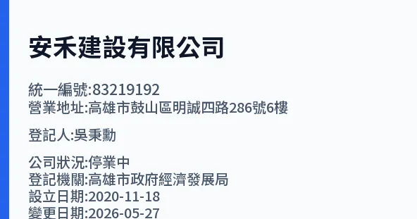 安禾建設有限公司的照片-統編 83219192(高雄市) 公司登記資料與營業項目詳細圖表