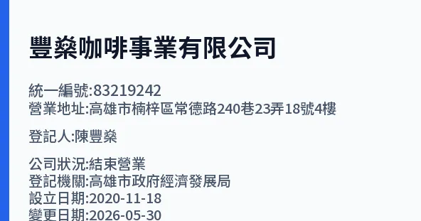 豐燊咖啡事業有限公司的照片-統編 83219242(高雄市) 公司登記資料與營業項目詳細圖表