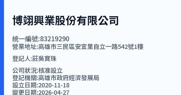 博翊興業股份有限公司的照片-統編 83219290(高雄市) 公司登記資料與營業項目詳細圖表