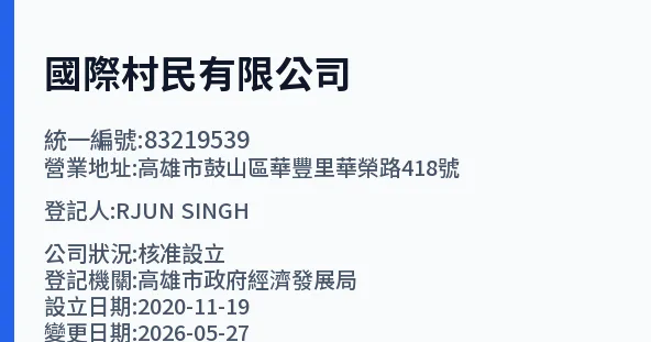 國際村民有限公司的照片-統編 83219539(高雄市) 公司登記資料與營業項目詳細圖表