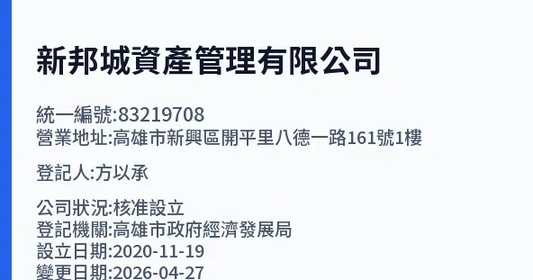 新邦城資產管理有限公司的照片-統編 83219708(高雄市) 公司登記資料與營業項目詳細圖表