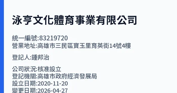泳亨文化體育事業有限公司的照片-統編 83219720(高雄市) 公司登記資料與營業項目詳細圖表