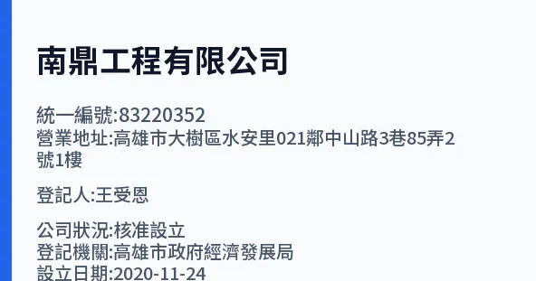 南鼎工程有限公司的照片-統編 83220352(高雄市) 公司登記資料與營業項目詳細圖表