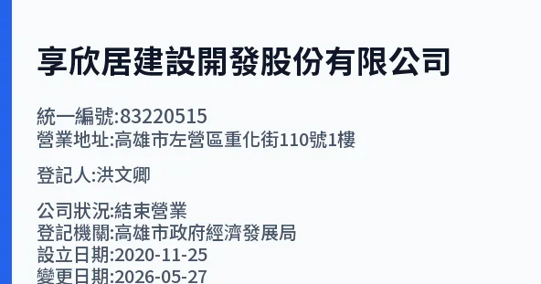 享欣居建設開發股份有限公司的照片-統編 83220515(高雄市) 公司登記資料與營業項目詳細圖表