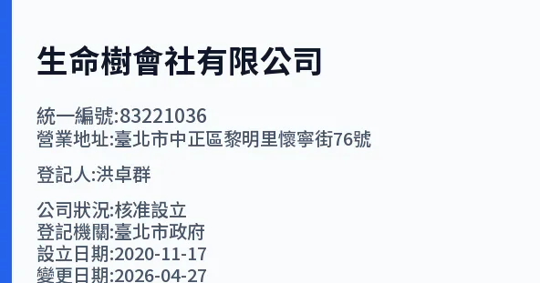 生命樹會社有限公司的照片-統編 83221036(臺北市) 公司登記資料與營業項目詳細圖表