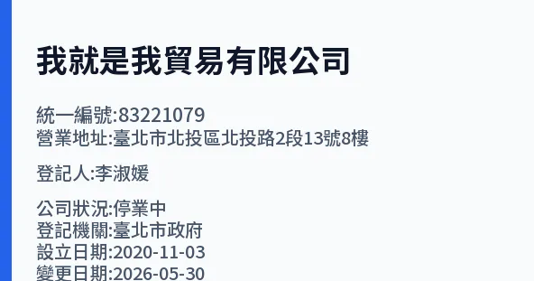我就是我貿易有限公司的照片-統編 83221079(臺北市) 公司登記資料與營業項目詳細圖表