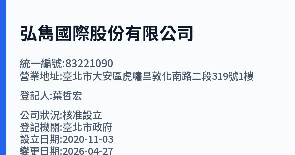 弘雋國際股份有限公司的照片-統編 83221090(臺北市) 公司登記資料與營業項目詳細圖表