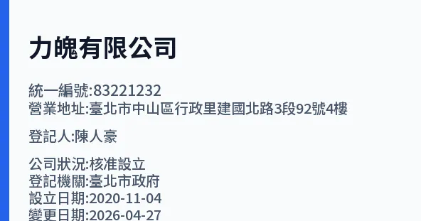 力魄有限公司的照片-統編 83221232(臺北市) 公司登記資料與營業項目詳細圖表