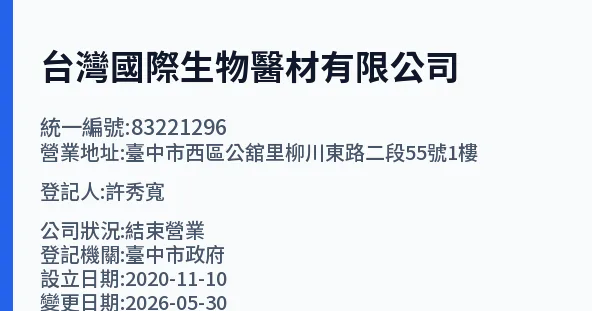 台灣國際生物醫材有限公司的照片-統編 83221296(臺中市) 公司登記資料與營業項目詳細圖表