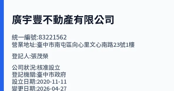 廣宇豐不動產有限公司的照片-統編 83221562(臺中市) 公司登記資料與營業項目詳細圖表