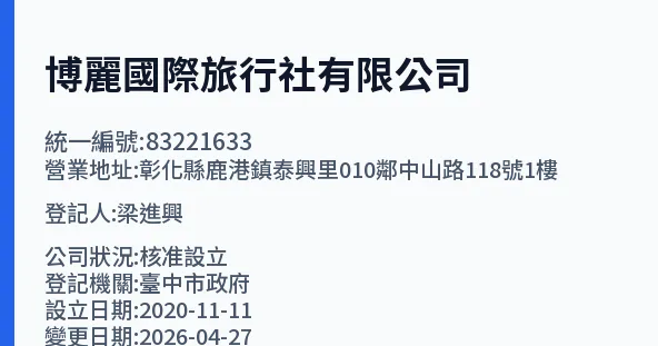 博麗國際旅行社有限公司的照片-統編 83221633(彰化縣) 公司登記資料與營業項目詳細圖表