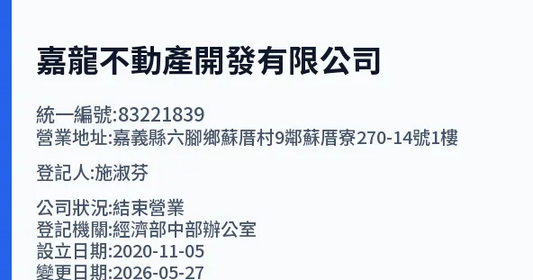 嘉龍不動產開發有限公司的照片-統編 83221839(嘉義縣) 公司登記資料與營業項目詳細圖表
