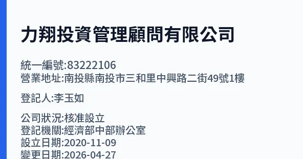 力翔投資管理顧問有限公司的照片-統編 83222106(南投縣) 公司登記資料與營業項目詳細圖表