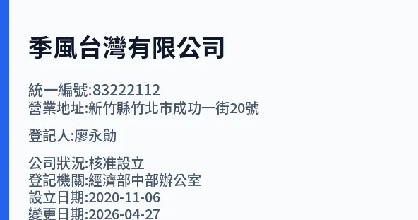 季風台灣有限公司的照片-統編 83222112(新竹縣) 公司登記資料與營業項目詳細圖表