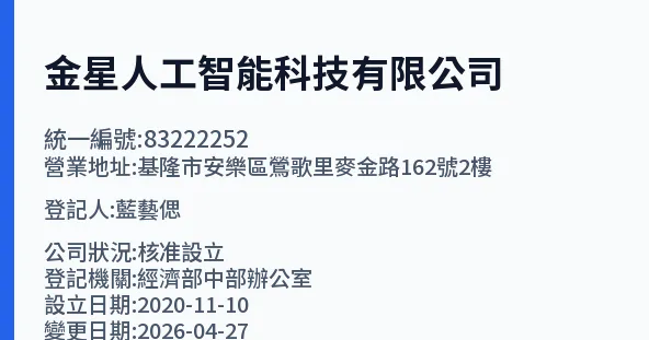 金星人工智能科技有限公司的照片-統編 83222252(基隆市) 公司登記資料與營業項目詳細圖表