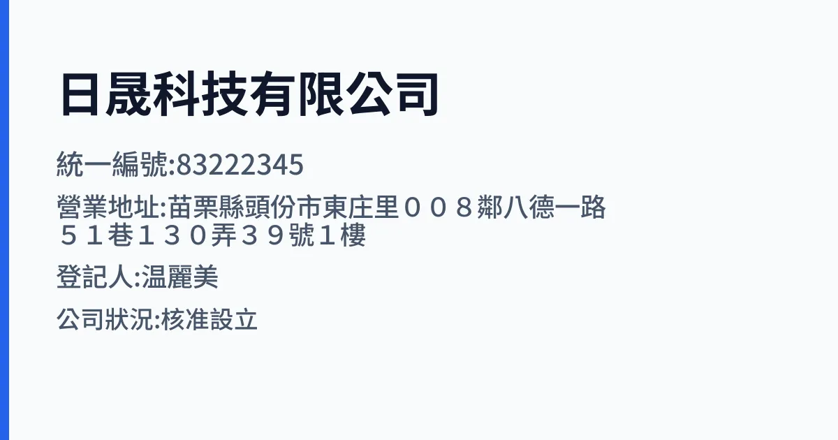 日晟科技有限公司 - 統編 83222345(苗栗縣) 公司登記資料與營業項目詳細圖表
