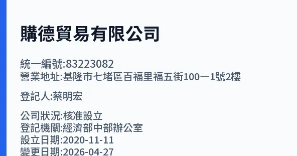 購德貿易有限公司的照片-統編 83223082(基隆市) 公司登記資料與營業項目詳細圖表