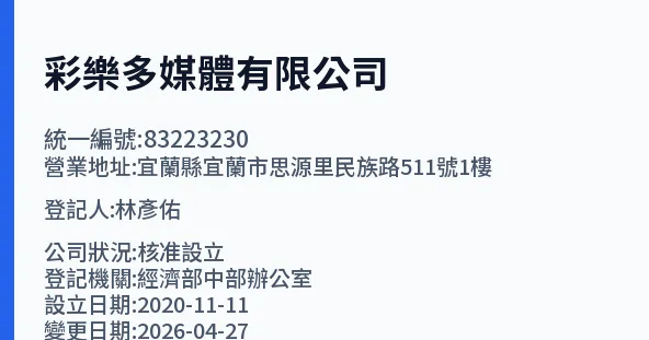 彩樂多媒體有限公司的照片-統編 83223230(宜蘭縣) 公司登記資料與營業項目詳細圖表